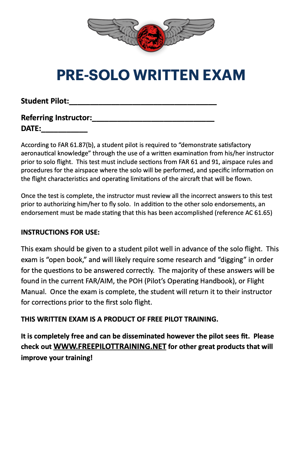 FREE Private Pilot Pre-Solo Written Exam – FREEPILOTTRAINING.NET